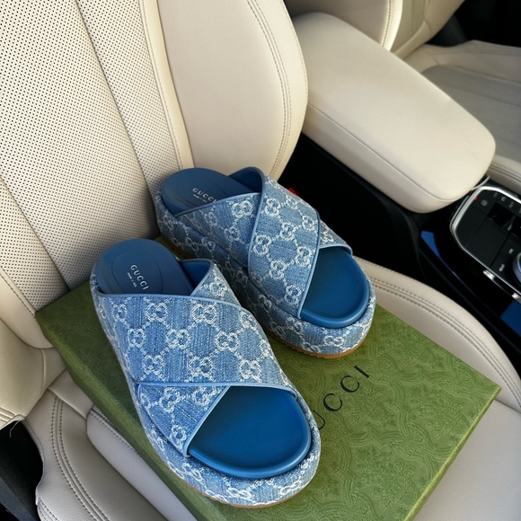 Gucci | Shoes | Gucci Womens Denim Platform Slide Sandals Light Blue Sz ...